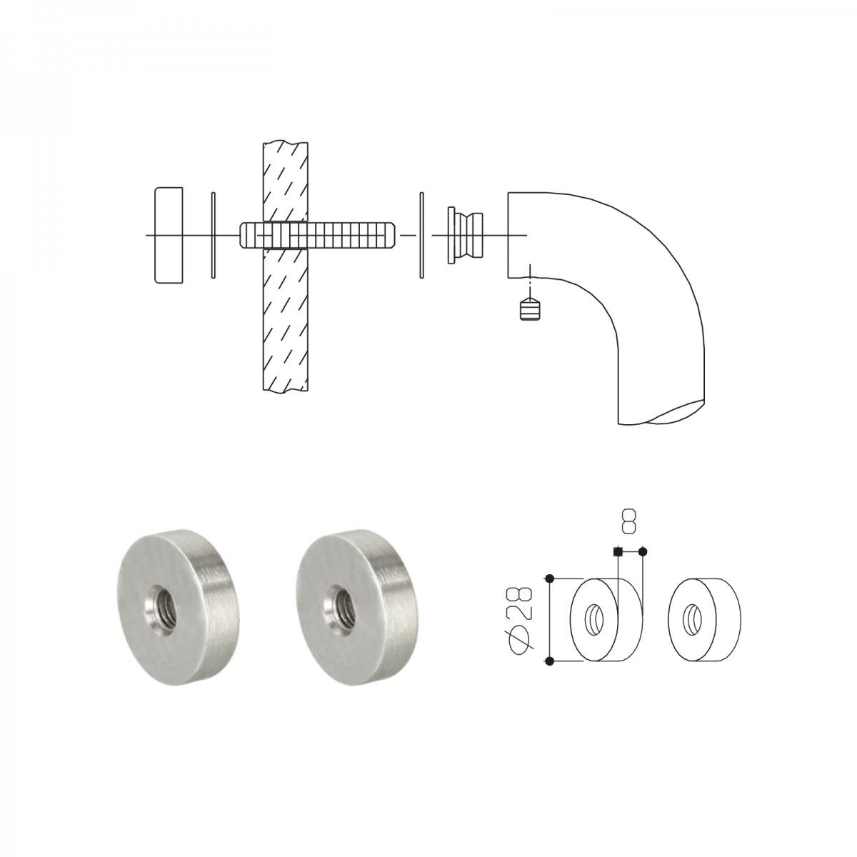 Kit fissaggio passante per maniglione singolo Fimet Inox • Maniglie Design