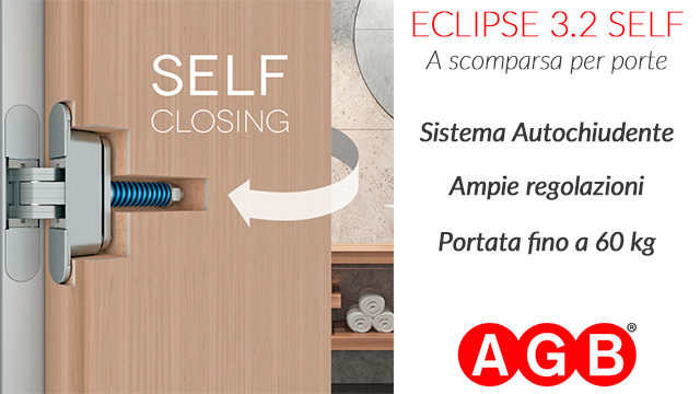 Cerniera invisibile con molla chiudiporta AGB Eclipse 3.2 HD Self portata 60 kg • Maniglie Design